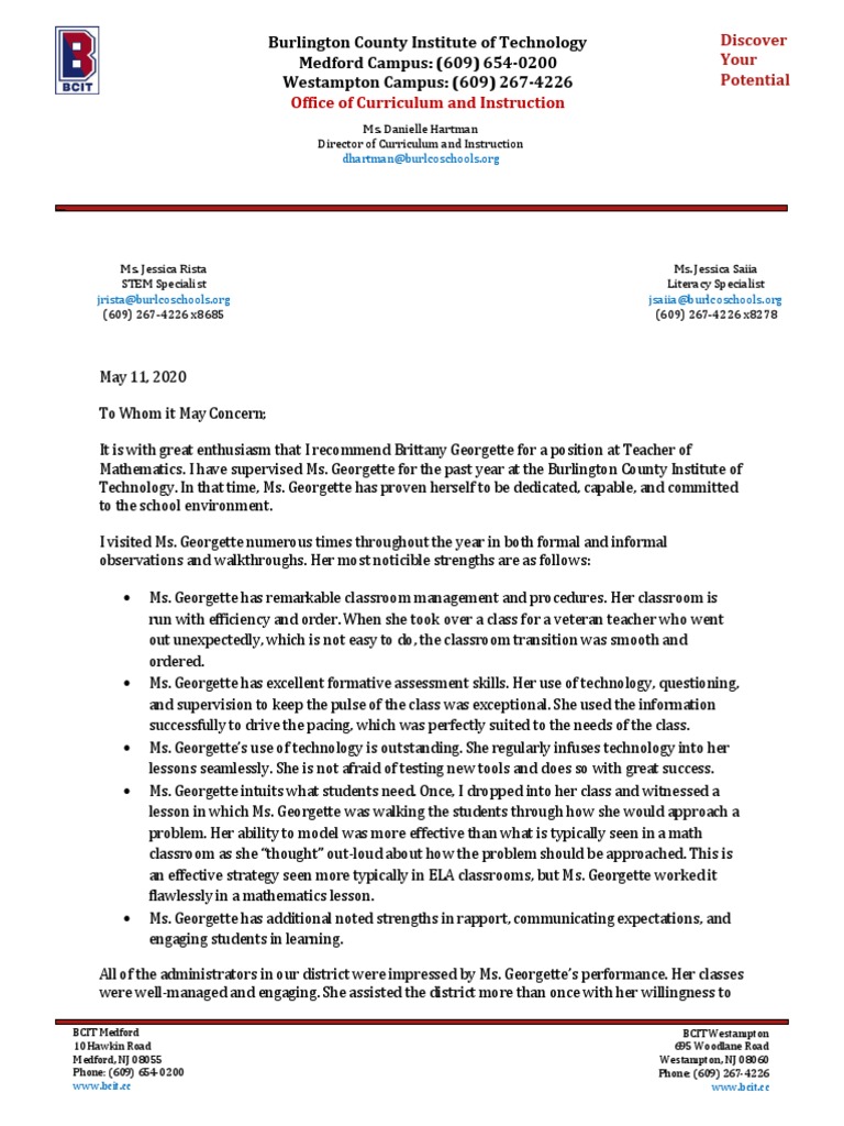Recommendation for Brittany Georgette | PDF | Curriculum | Teachers