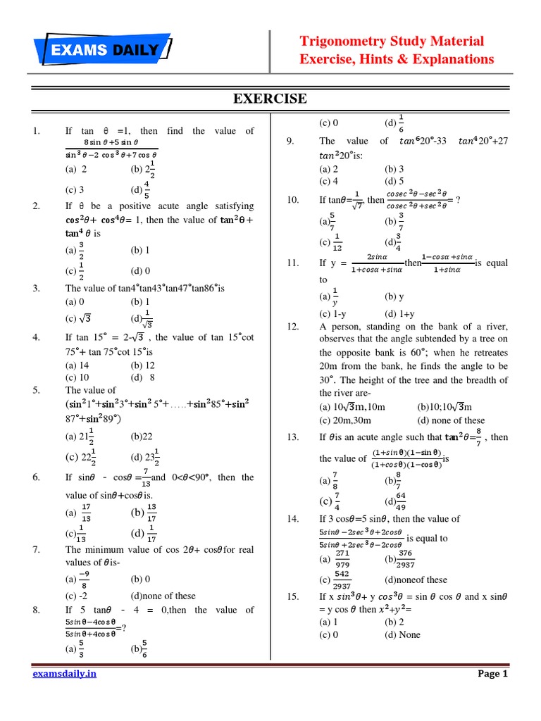 Trigonometry Study Material Exercise Hints Explanations PDF | PDF ...