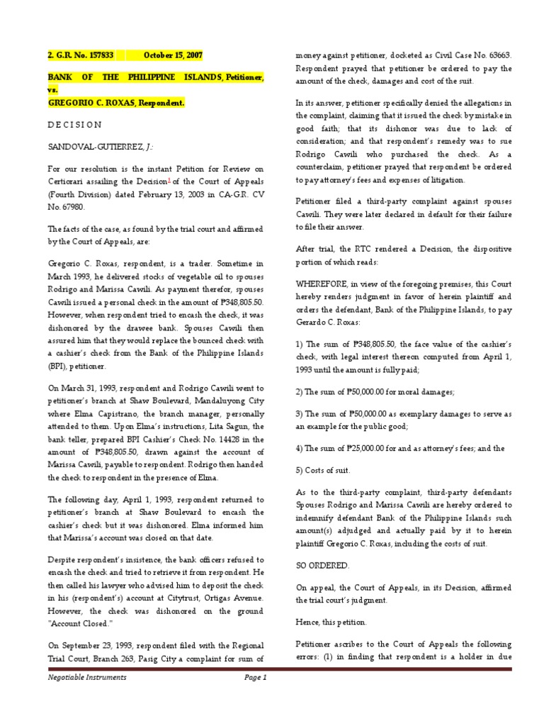 G.R. No. 157833 October 15, 2007 Bank of The Philippine Islands ...
