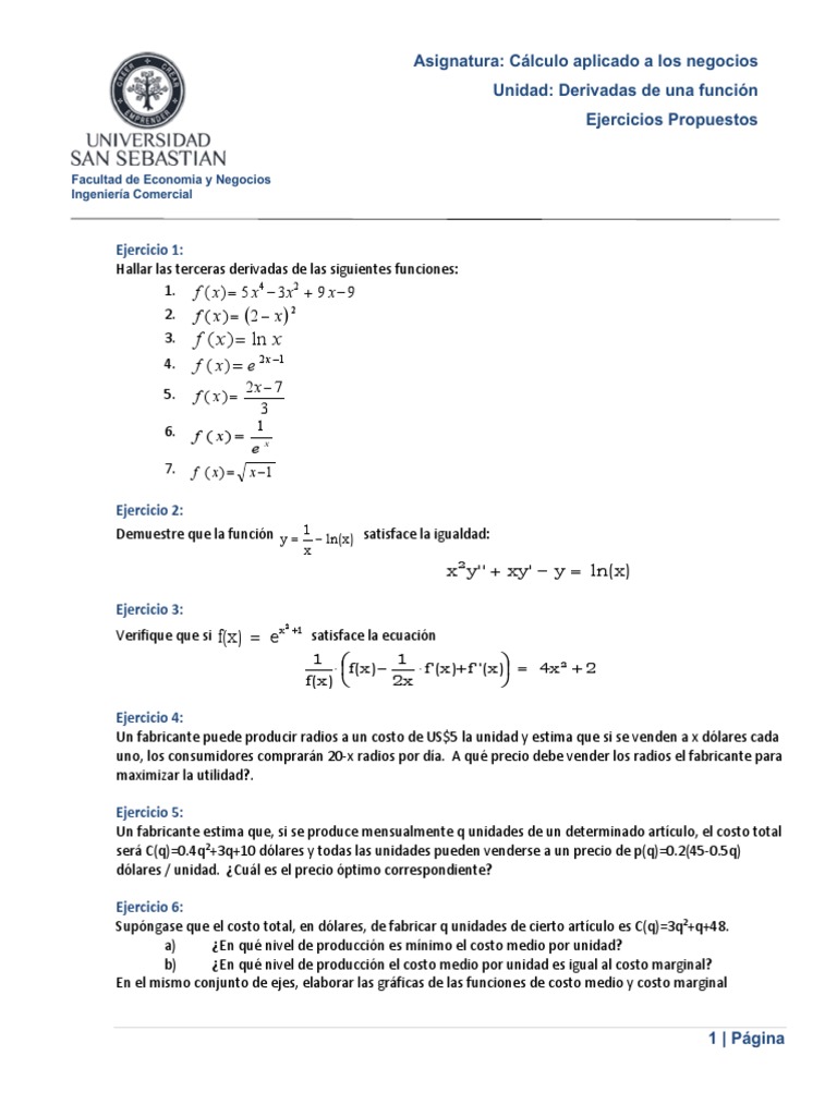 Ejercicios Propuestos de Derivadas de Una Función PDF | PDF | Costo marginal | Derivado