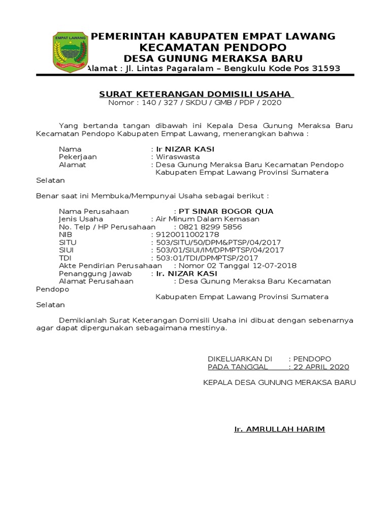 Contoh Surat Keterangan Domisili Perusahaan | PDF