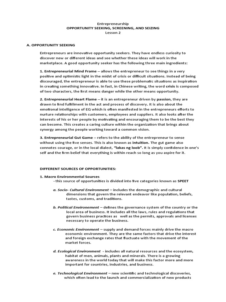 Lesson 2. Opportunity Seeking Screening and Seizing | PDF | Feasibility ...