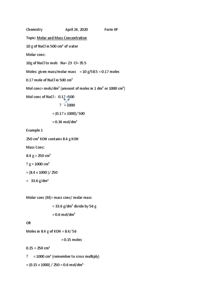 Chemistry Moles - Notes and Classwork | PDF | Mole (Unit) | Concentration