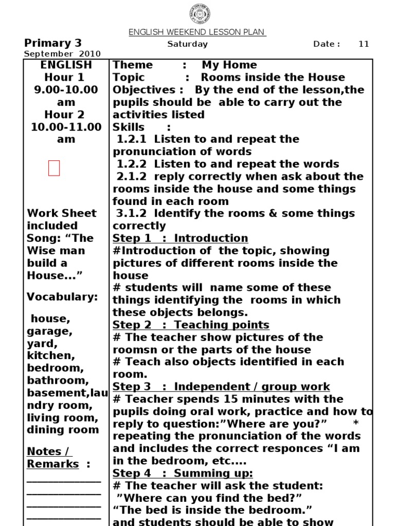 Primary 3 English Weekend Lesson Plan | PDF
