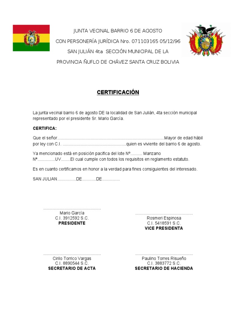 Certificacion JUNTA VECINAL BARRIO 6 DE AGOSTO | PDF