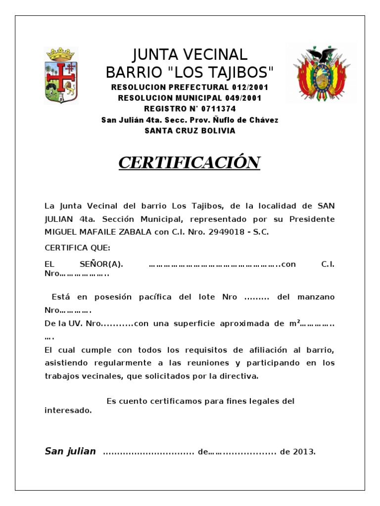 Certificacion Junta Vecinal Barrio Tajibos | PDF