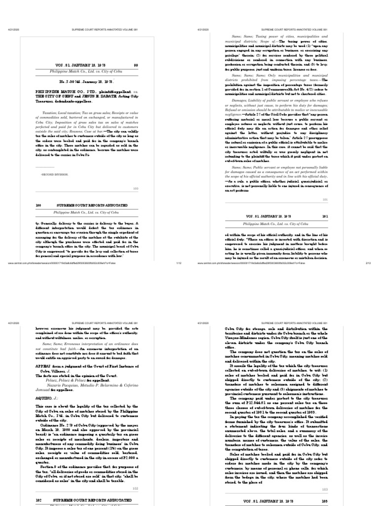 Philippine Match Co., Ltd. vs. City of Cebu | PDF | Taxes | Judgment (Law)