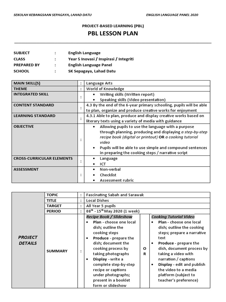 PBL Lesson Plan: Project Details | PDF | Recipe | Project Based Learning
