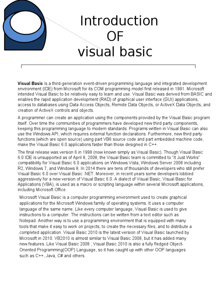 I. OF Visual Basic: Visual Basic Is A Third-Generation Event-Driven ...