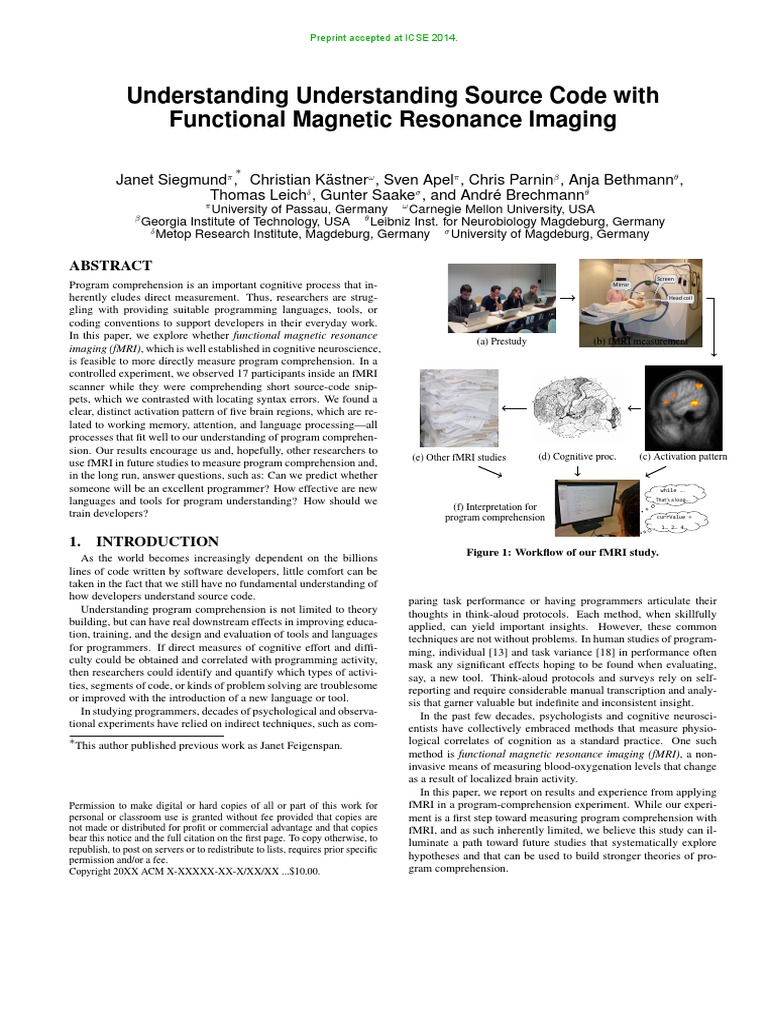 Understanding Understanding Source Code With Functional Magnetic Resonance Imaging | PDF ...