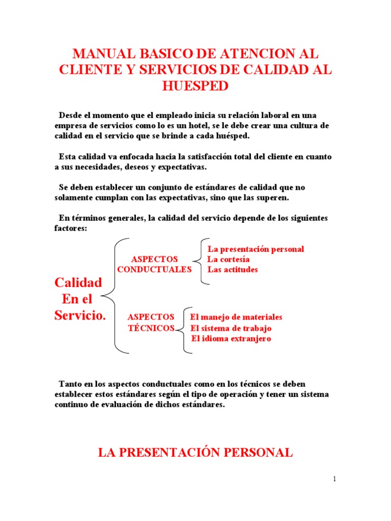Manual Basico de Atencion Al Cliente y Servicios de Calidad Al Huesped ...