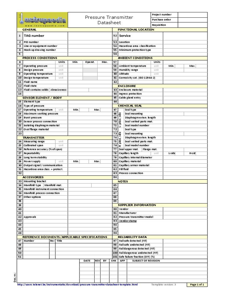 Pressure Transmitter Datasheet: TAG Number Service | PDF | Equipment ...