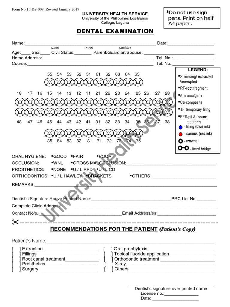UHS Dental Examination Form PDF | PDF | Orthodontics | Dentist