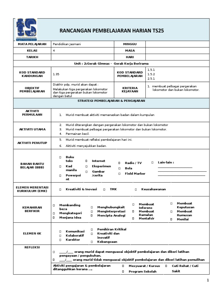 RPH PJ Tahun 4 Unit 2 Gerak Kreatif Bertema | PDF