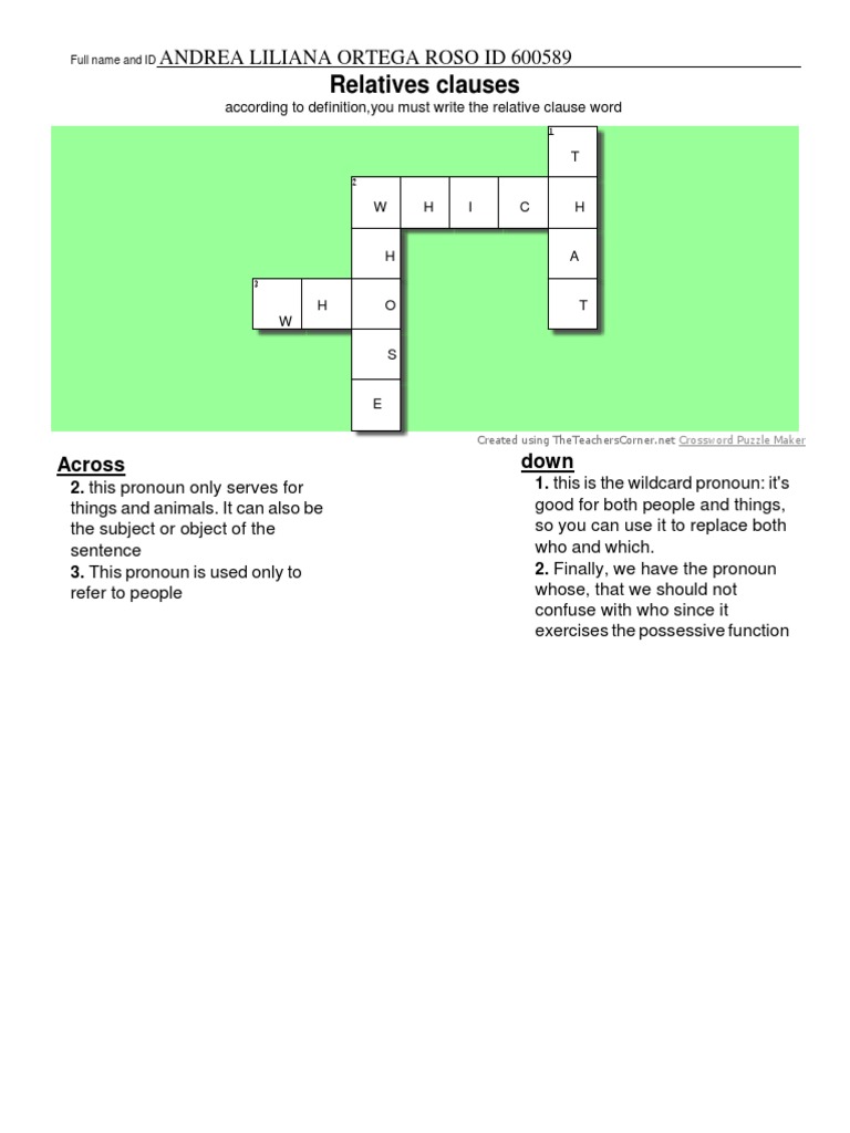 Relative Clauses Crossword Puzzle | PDF