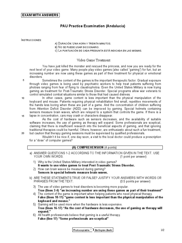 PAU Practice Examination (Andalucía) : Video Game Treatment | PDF ...