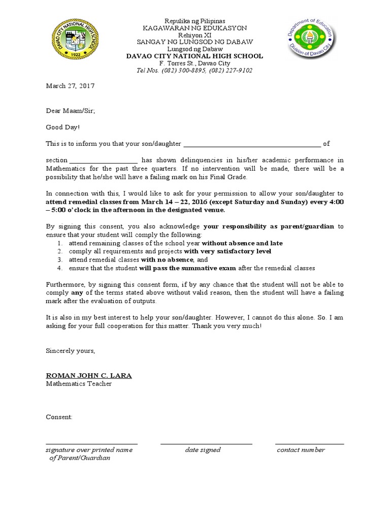 Parents Consent - Remedial Classes | PDF