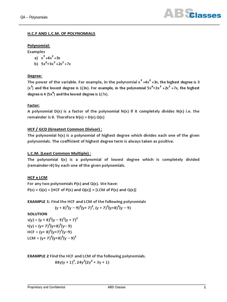 HCF & LCM of Polynomials | PDF | Mathematics Of Computing | Applied ...