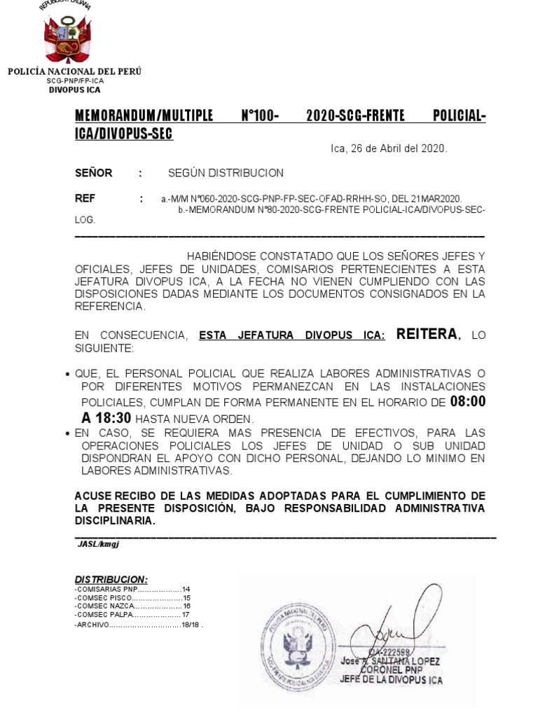 Memorándum PNP N°100 - Cumplimiento Disposiciones | PDF