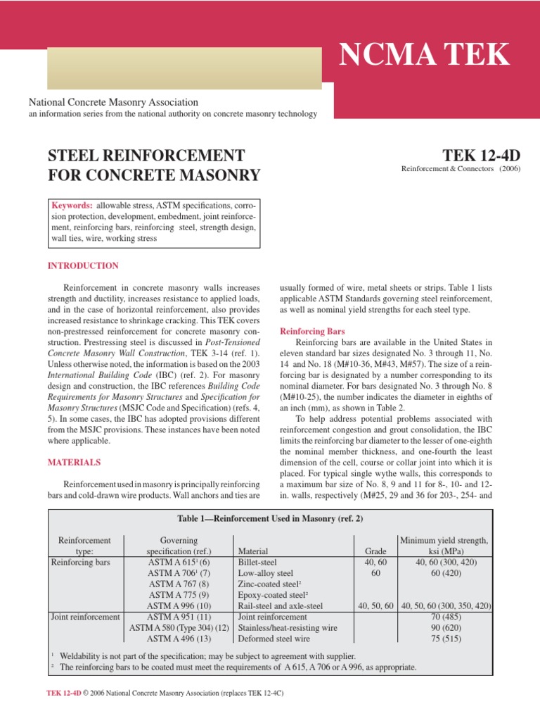 Ncma Tek: Steel Reinforcement For Concrete Masonry TEK 12-4D | Download ...