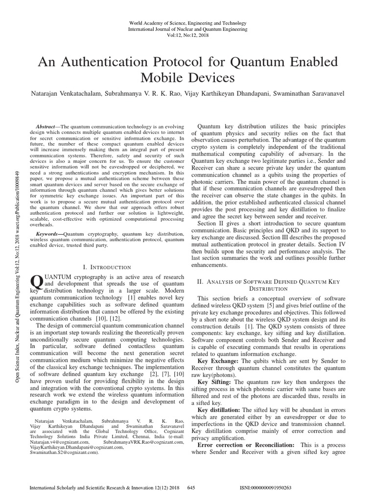 An Authentication Protocol For Quantum Enabled Mobile Devices | PDF | Encryption | Cryptography