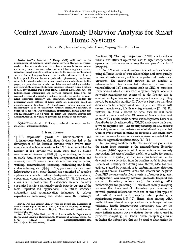 Context Aware Anomaly Behavior Analysis For Smart Home Systems | PDF | Internet Of Things ...