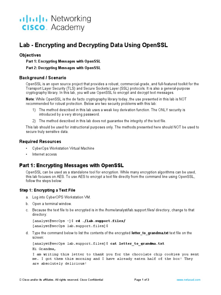 9.1.1.6 Lab - Encrypting and Decrypting Data Using OpenSSL | PDF | Transport Layer Security ...
