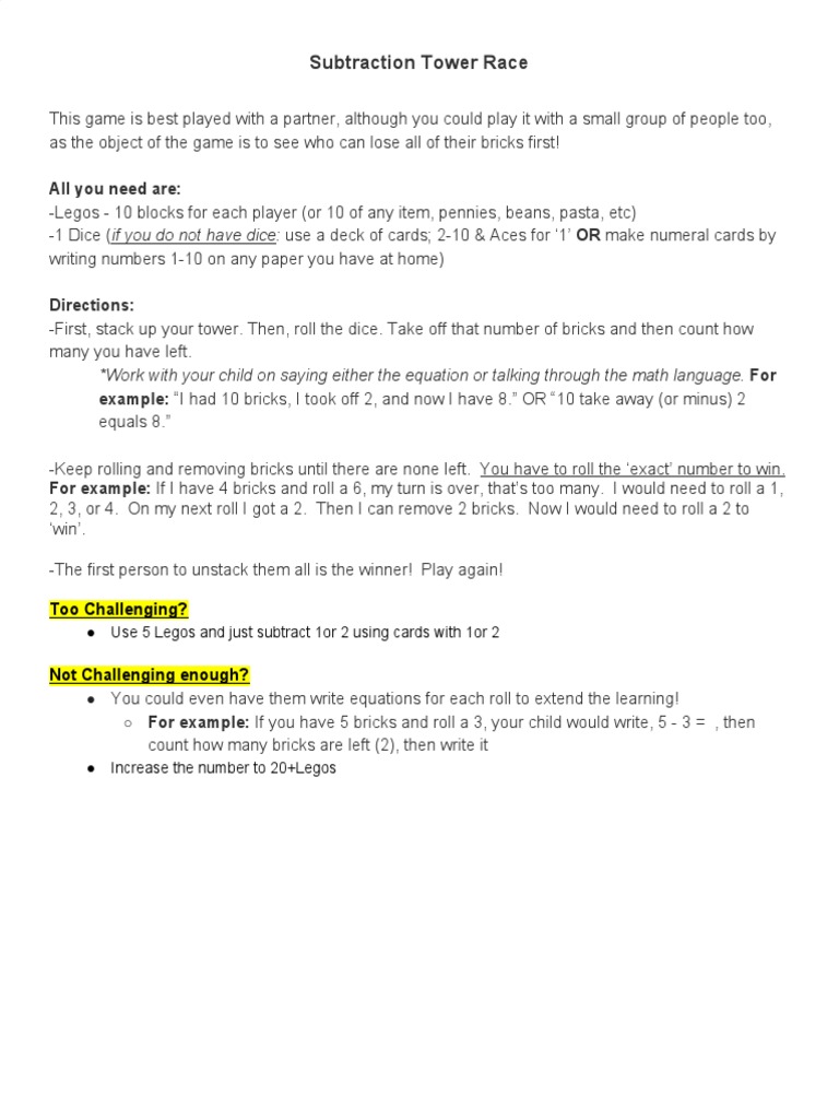 Subtraction Tower Race | PDF