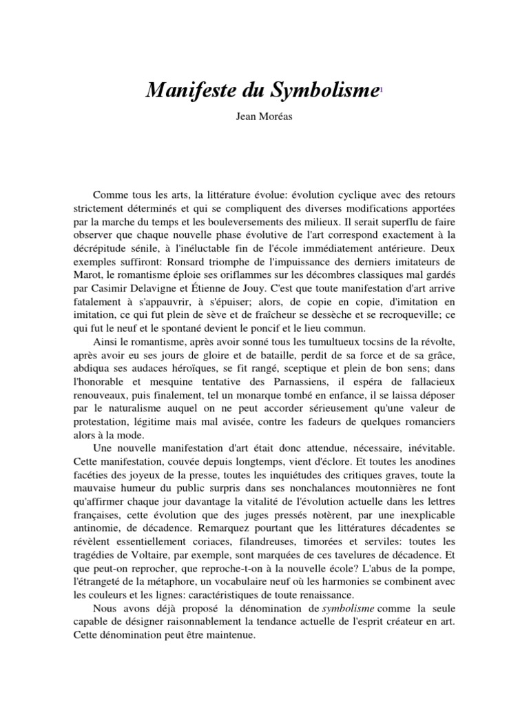 Jean Moréas. Manifeste Du Symbolisme PDF | PDF | Victor Hugo | Poésie