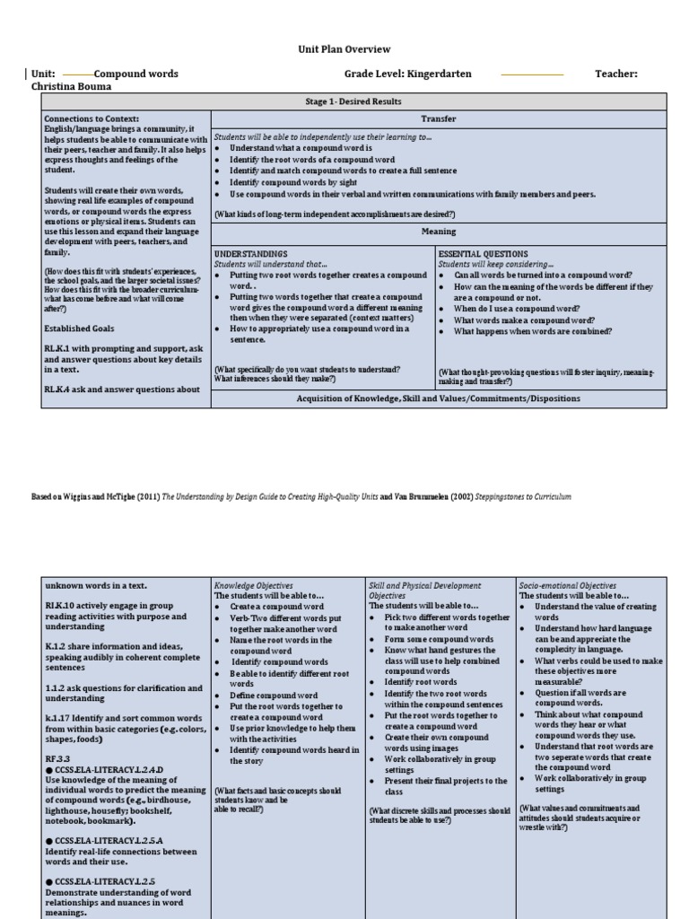 Kindergarten Unit Plan: Compound Words | PDF | Educational Assessment ...