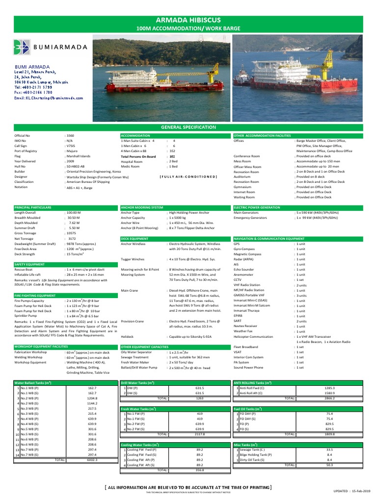 Armada Hibiscus: 100M Accommodation/ Work Barge | PDF | Tonnage | Crane (Machine)