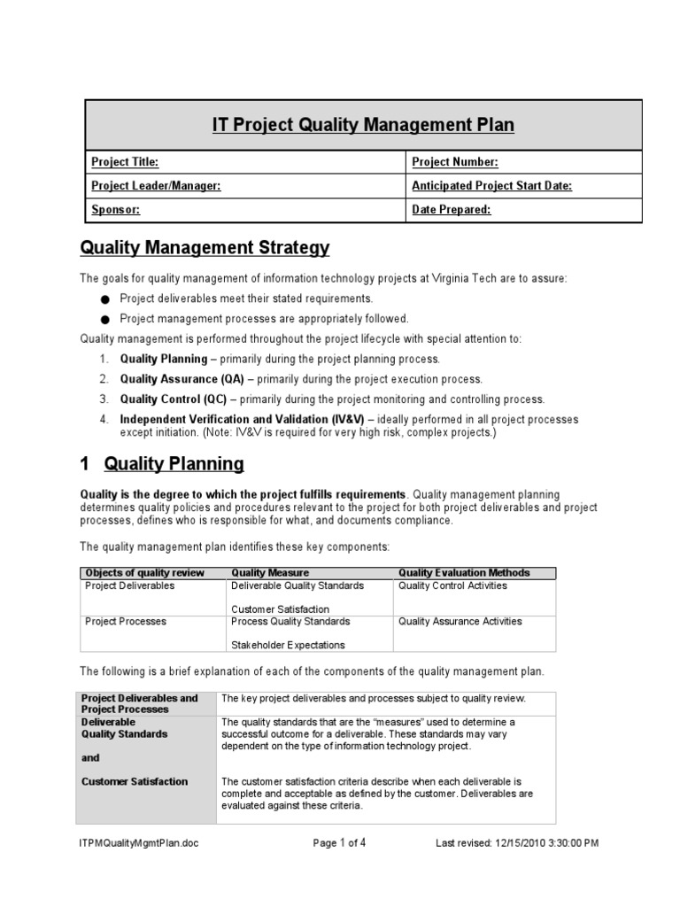 IT Project Quality Management Plan | PDF | Quality Assurance | Project ...