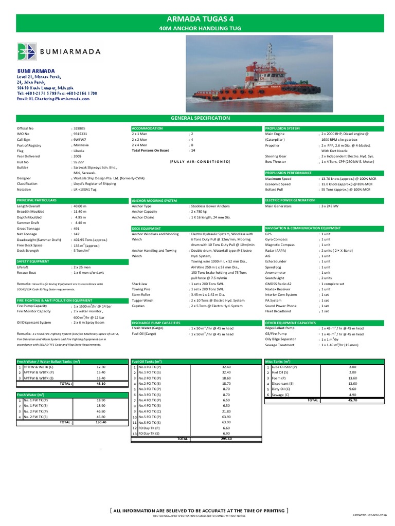 Armada Tug Specifications Overview | PDF | Tonnage | Tugboat