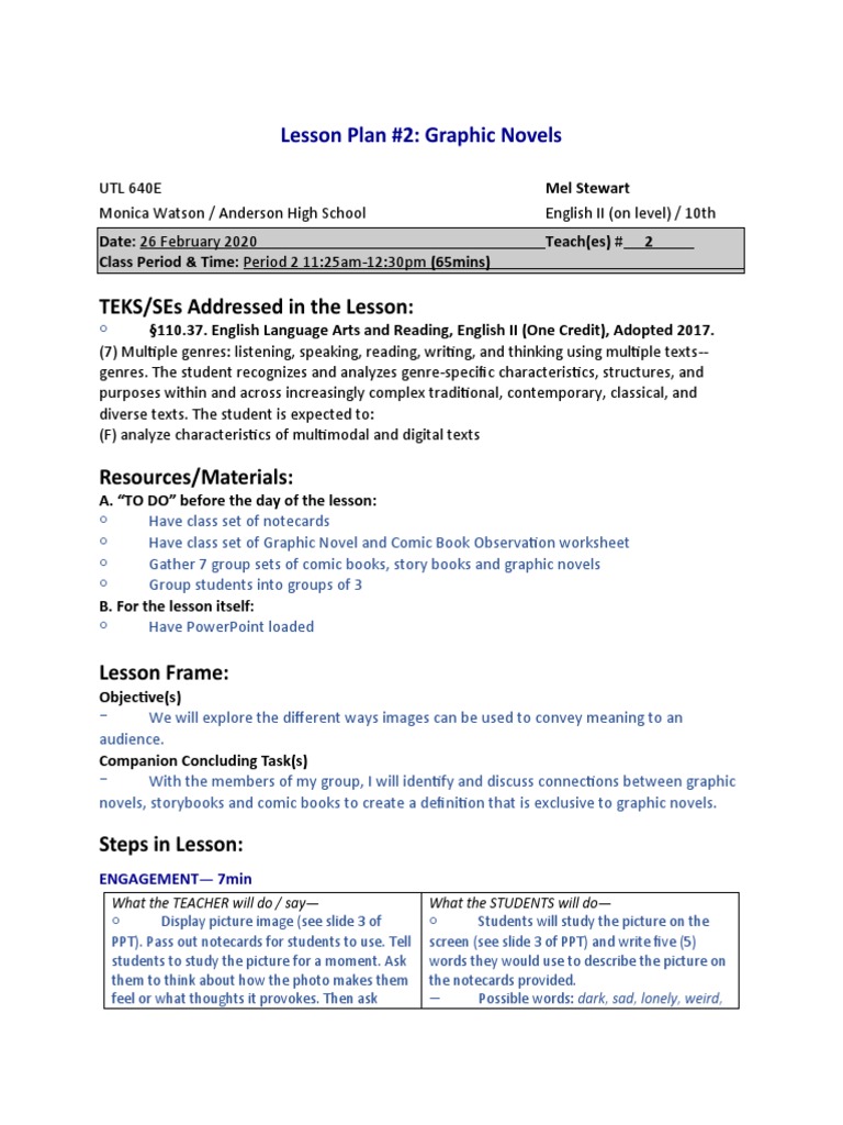 Teks/Ses Addressed in The Lesson:: Lesson Plan #2: Graphic Novels | PDF ...