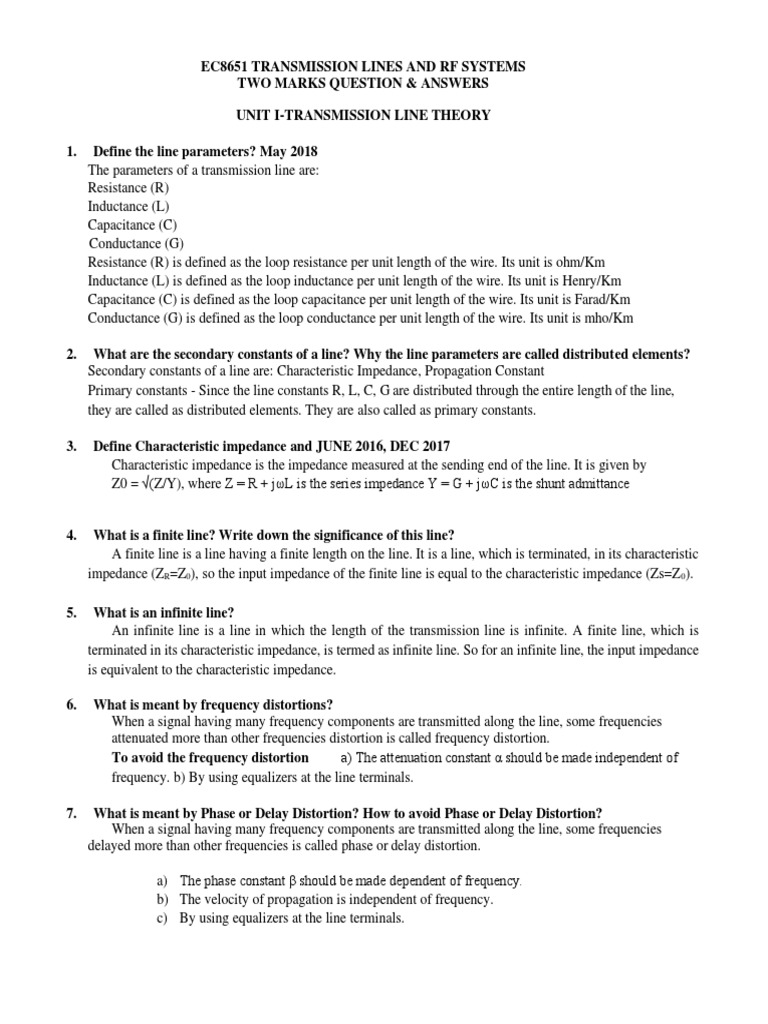 EC8651 TLW R2017 Unit 1 Two Marks | PDF | Transmission Line | Electrical Impedance