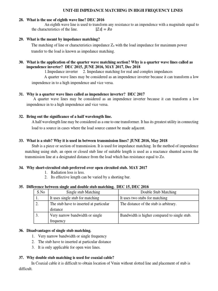 EC8651 TLW Unit 3 2 Marks | PDF | Transmission Line | Electrical Impedance