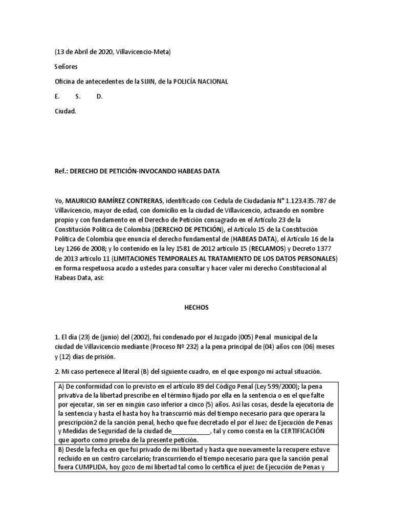 Derecho de Peticion (Habeas Data) | PDF | Derecho Constitucional | Derechos