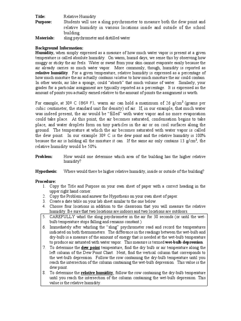 Relative Humidity Lab - With Dew Point | PDF | Relative Humidity | Humidity