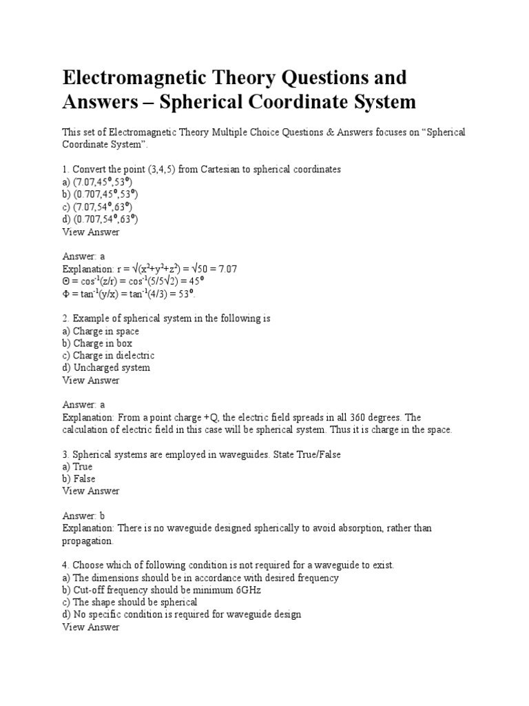 Electromagnetic Theory Questions and Answers - Spherical Coordinate ...