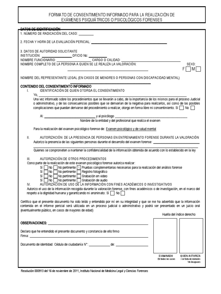 Consentimiento Informado. FORENSE | PDF | Prueba (evaluación) | Consentimiento informado