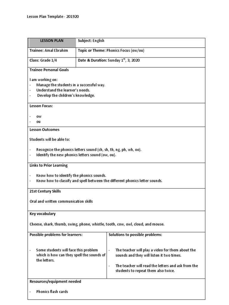 Phonics Lesson Plan: Ow and Ou Sounds | PDF
