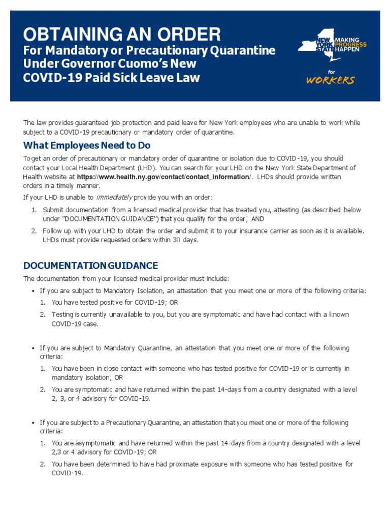 COVID-19 Quarantine Leave Guidelines NY | PDF | Quarantine | Government