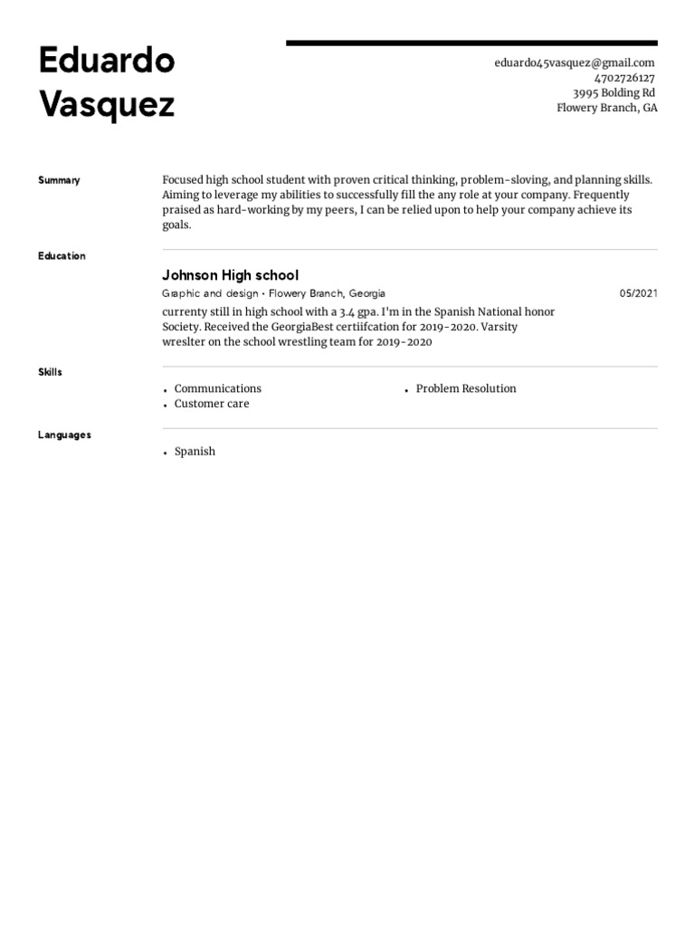 High School Student Resume Summary | PDF