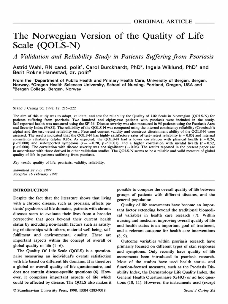 The Norwegian Version of The Quality of Life Scale (QOLS-N) | Download ...