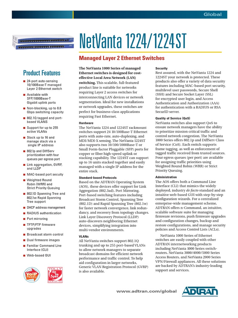 NetVanta 1224 1224ST International Data Sheet English | PDF | Network Switch | Computer Network