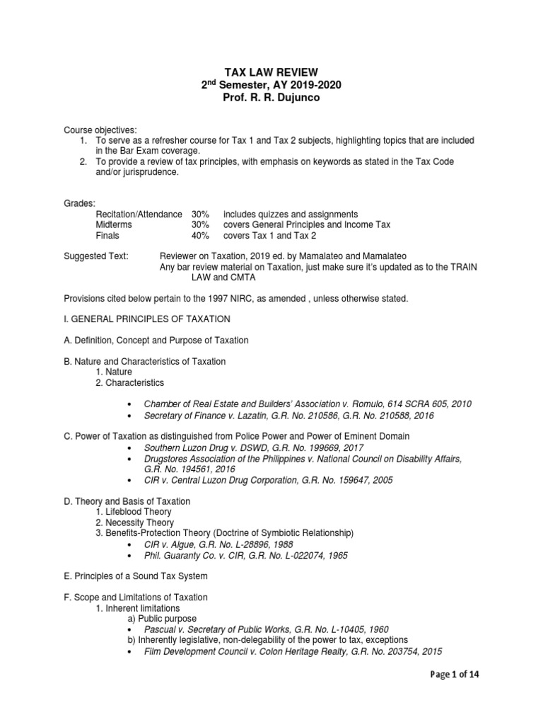 2020 Tax Law Review Syllabus | PDF | Gross Income | Taxation In The ...