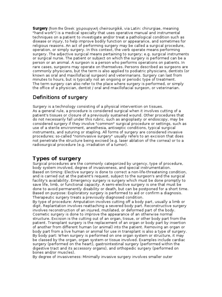 Definitions of Surgery | PDF | Surgery | Anesthesia