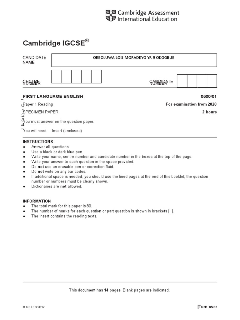 Cambridge IGCSE: First Language English 0500/01 | PDF