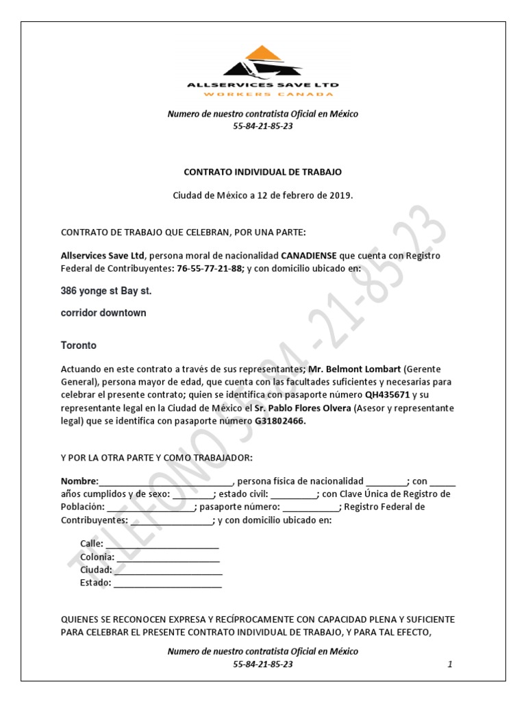 Contrato Individual De Trabajo: Numero de nuestro contratista Oficial ...