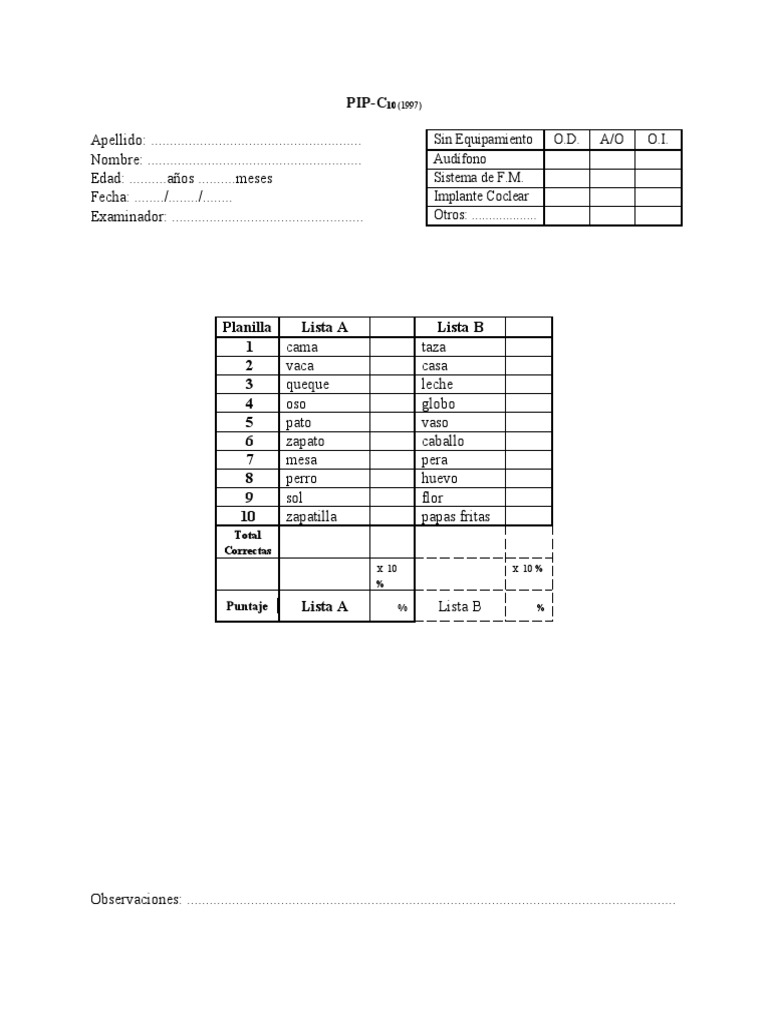 PIP-C Planillas de Puntaje PIP10 | PDF